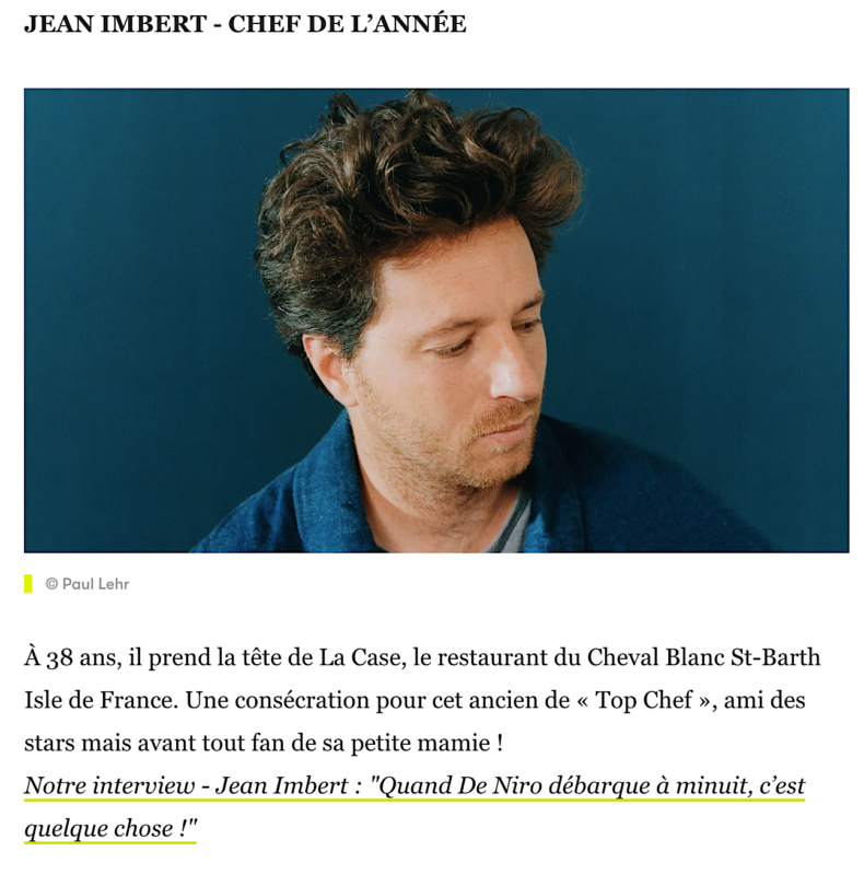 Jean Imbert chef de l'Année pour le magazine GQ - Food & Sens